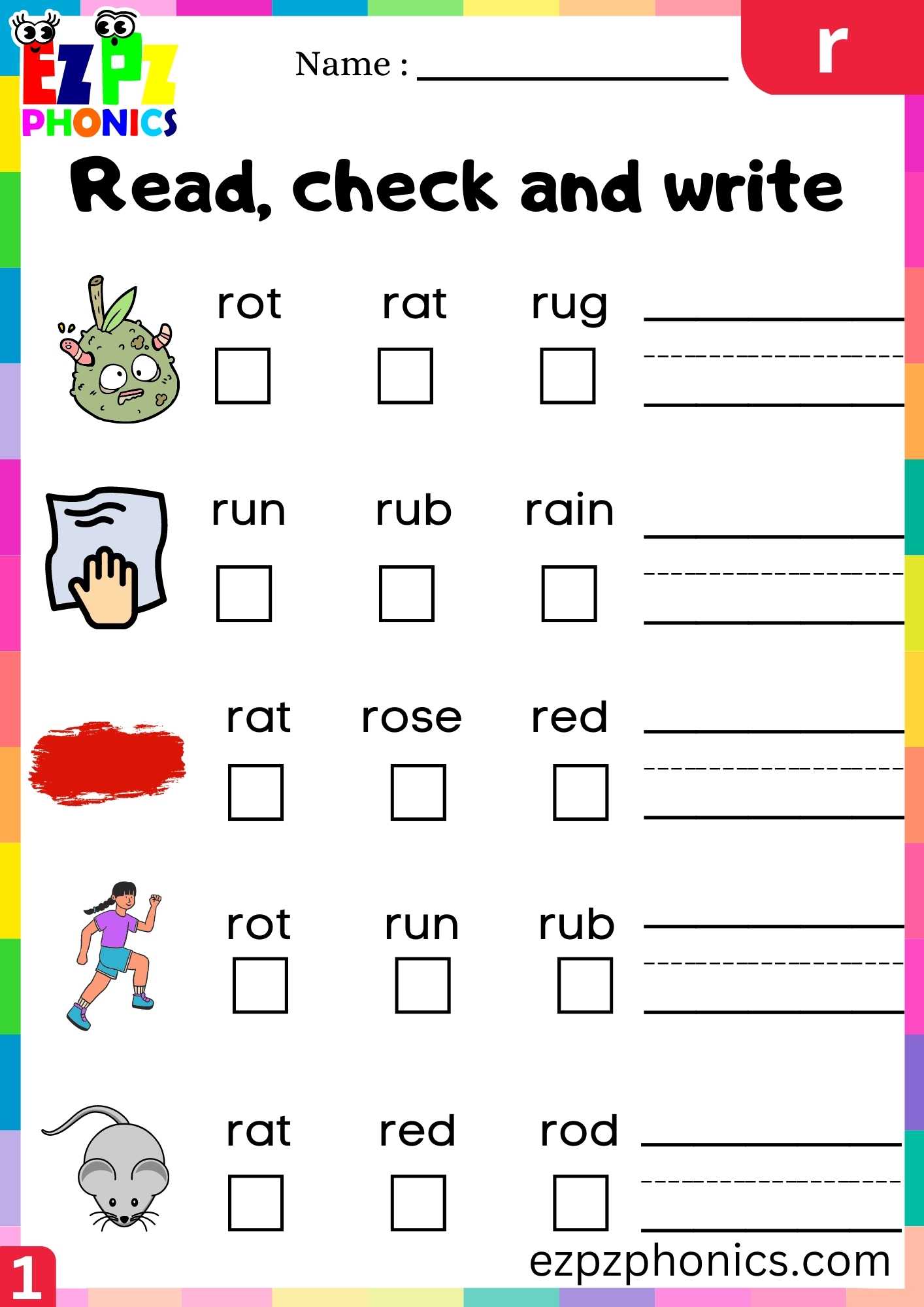 Letter R Read, Check And Write Beginning Sounds Worksheet - ezpzphonics.com